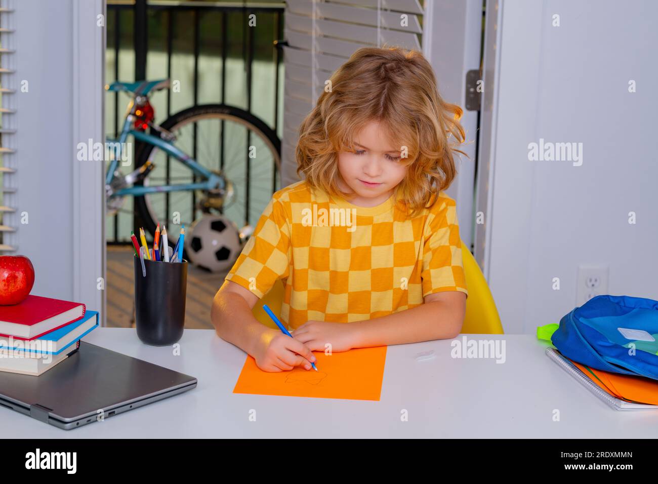 School kid student learning, study language or literature, writing ...