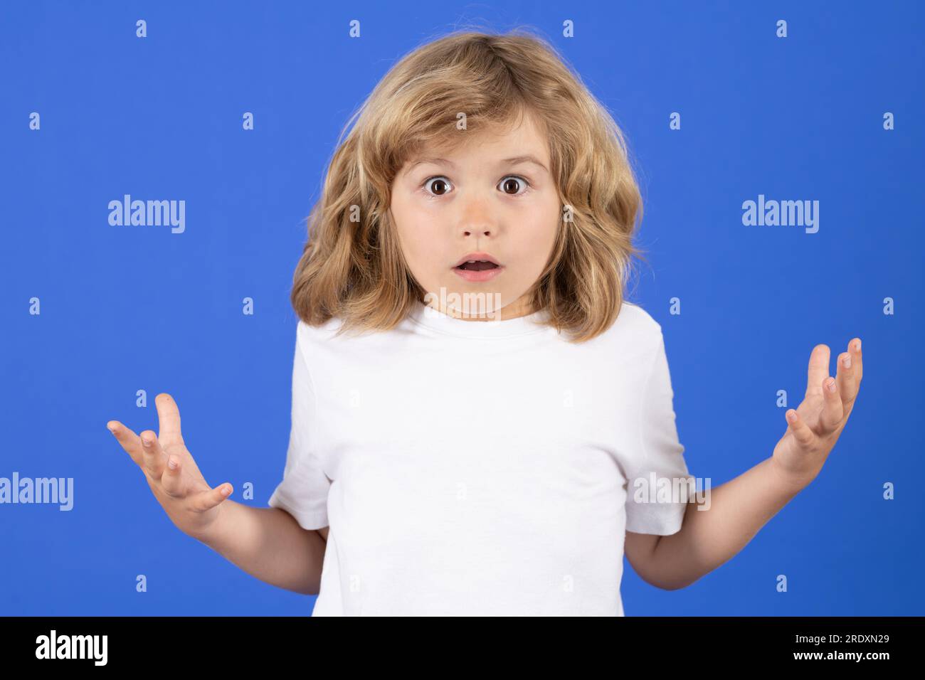 Shocked funny kid boy on studio isolated background. Surprised face ...