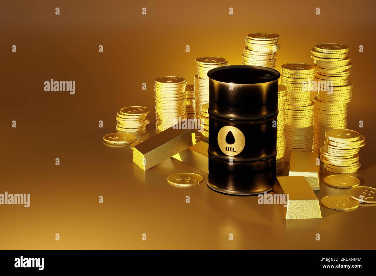 3D Illustration , Oil barrels and gold bars with golden coins . space ...