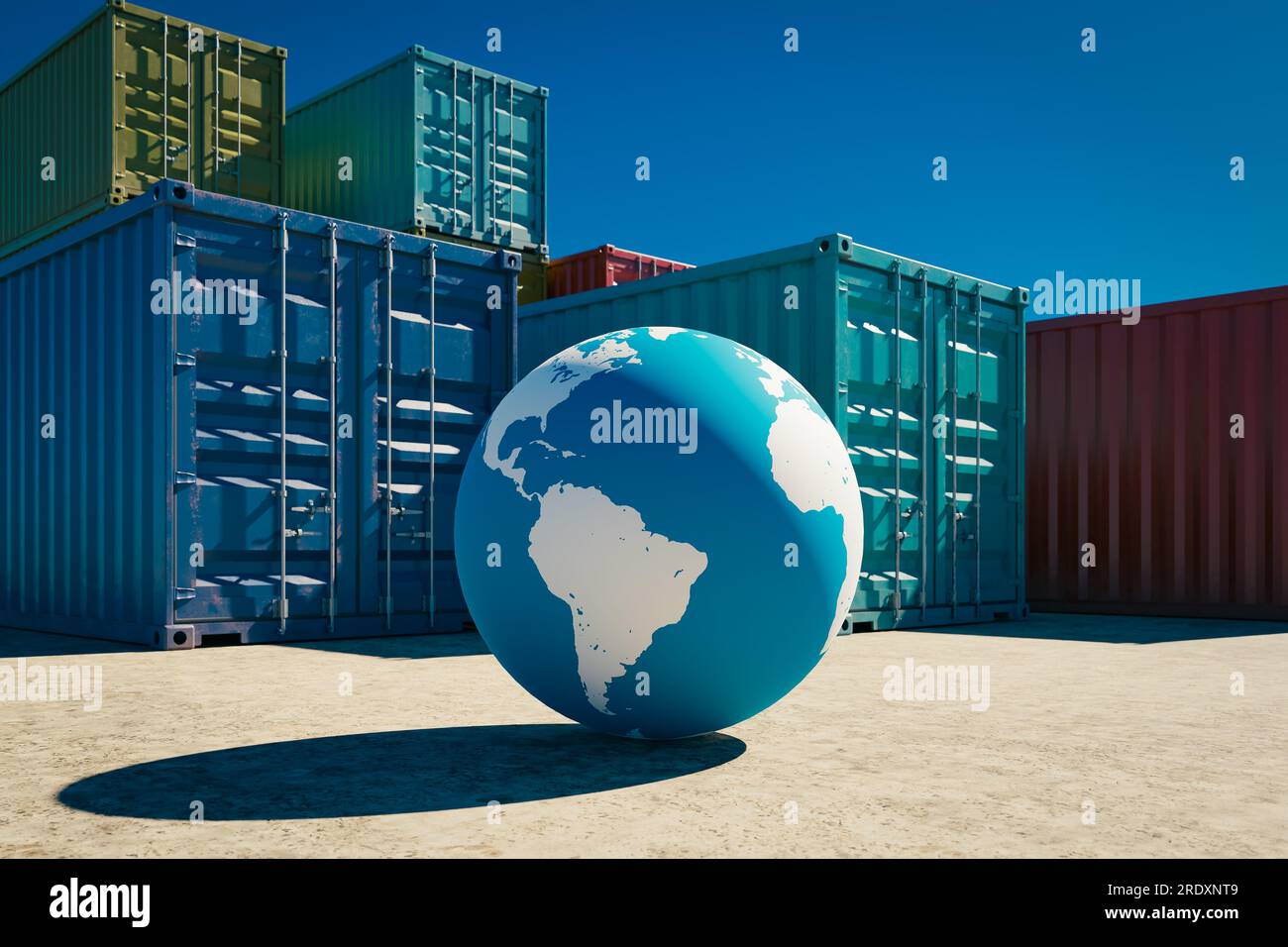 World trade related concept background with globe and import and export containers, 3d rendering ...