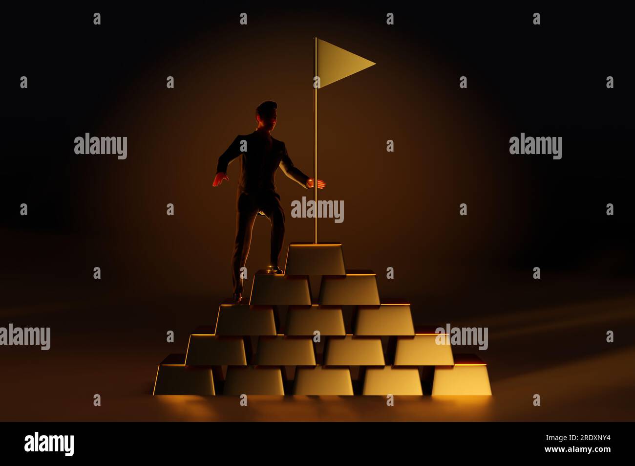 Gold investment concept. Man climbs up steps and ingots towards flag ...
