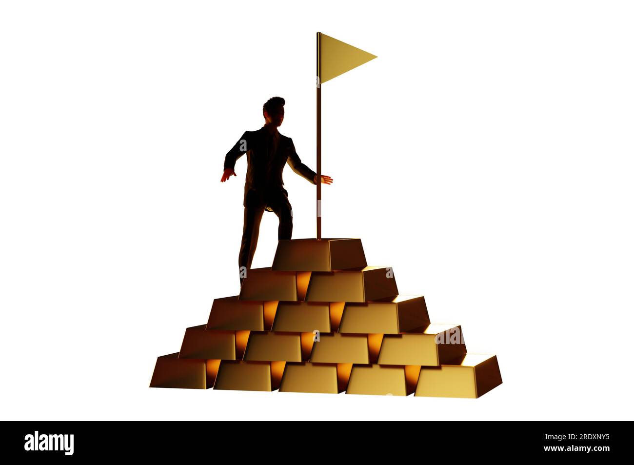 Gold investment concept. Man climbs up steps and ingots towards flag ...