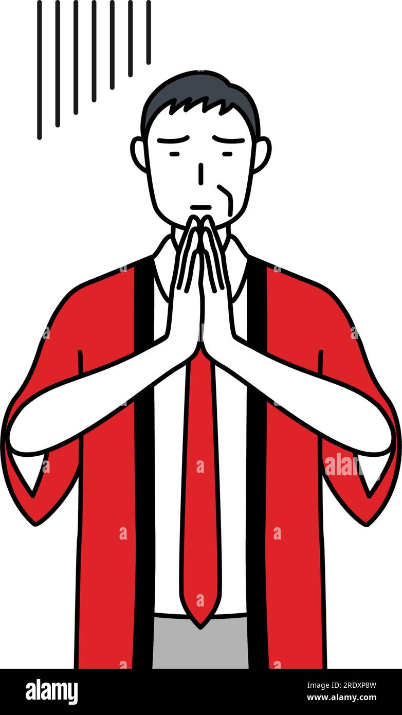 Senior man wearing a red happi coat apologizing with his hands in front ...