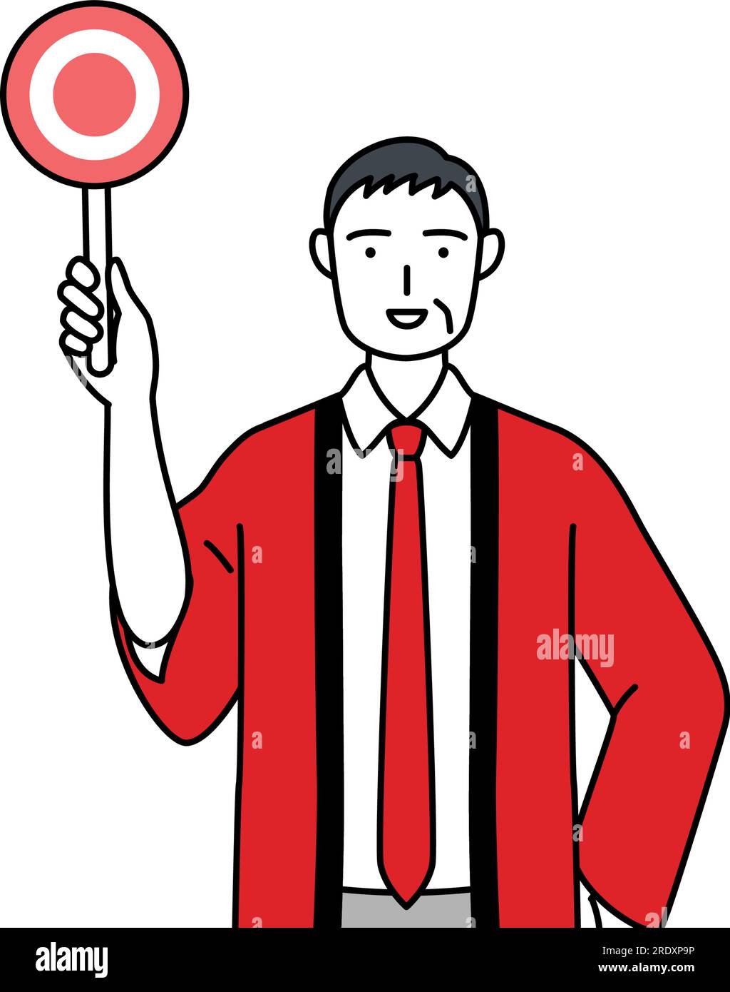 Senior man wearing a red happi coat holding a maru placard that shows ...