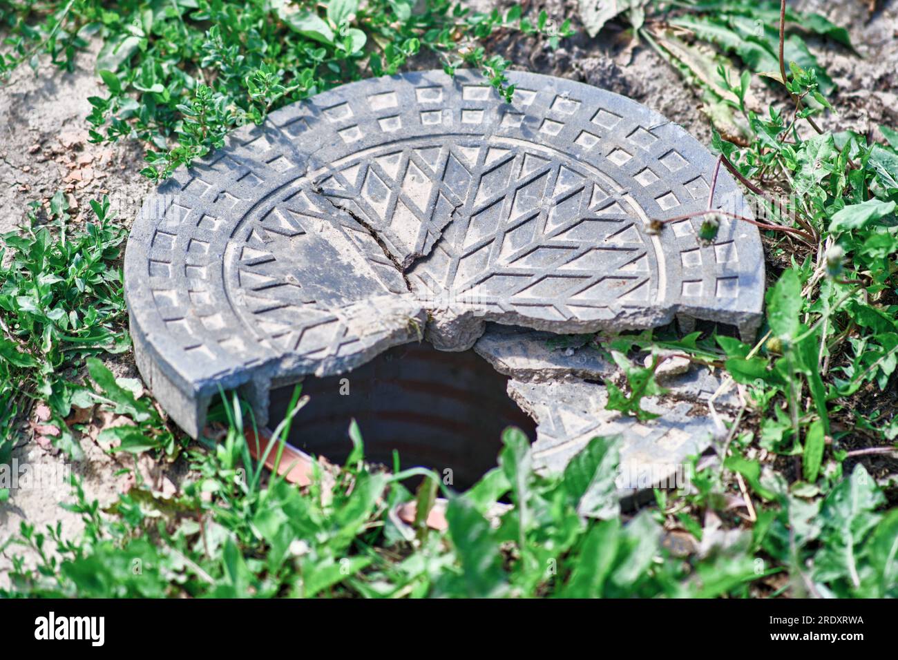 A broken metal manhole cover, an open well in the grass Stock Photo - Alamy