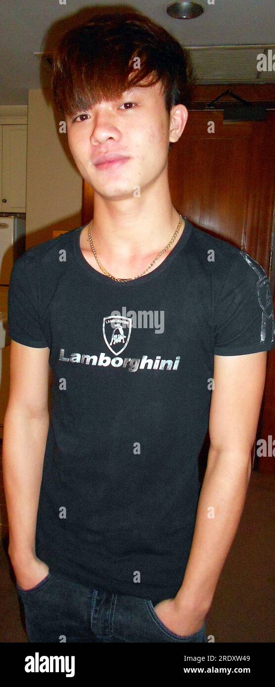 Portrait of a handsome, young, slim, Vietnamese, Asian man, looking at the camera, dark hair ...