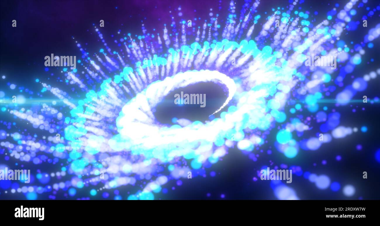 Abstract blue bright luminous particles flying in a spiral in a ...