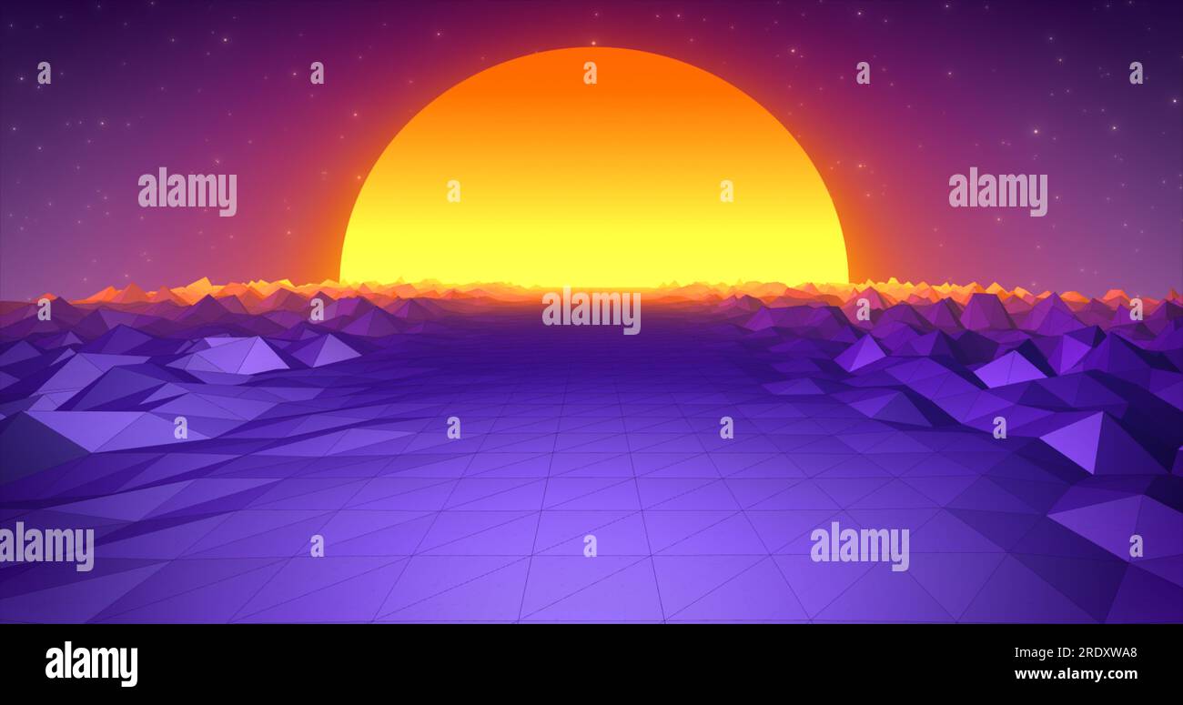 Abstract purple blue retro landscape in old 80s, 90s style with road ...