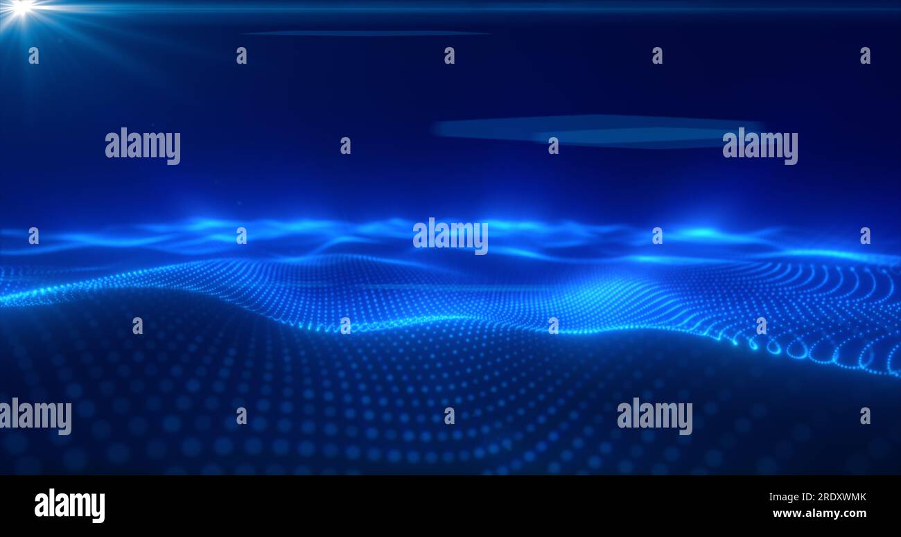 Abstract blue energy surface with magic waves from particles and dots ...
