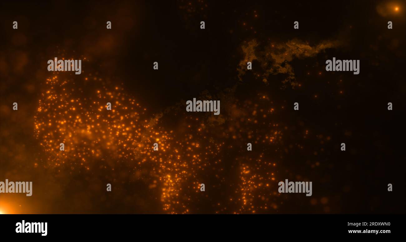Abstract background of orange yellow fiery flying energy particles of ...