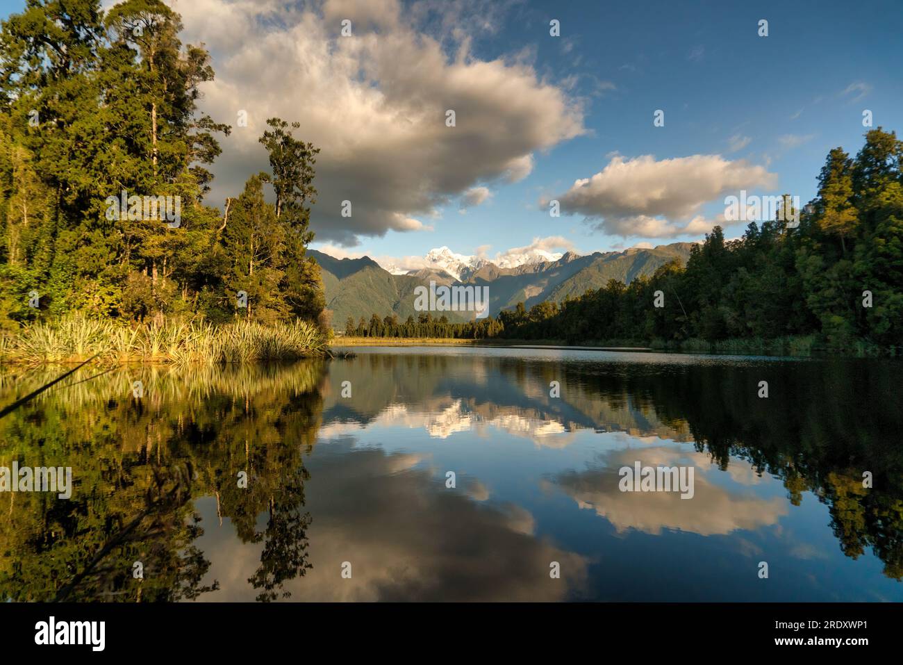 The scenic iconic Matheson Lake in Fox Glacier with the Southern alps ...