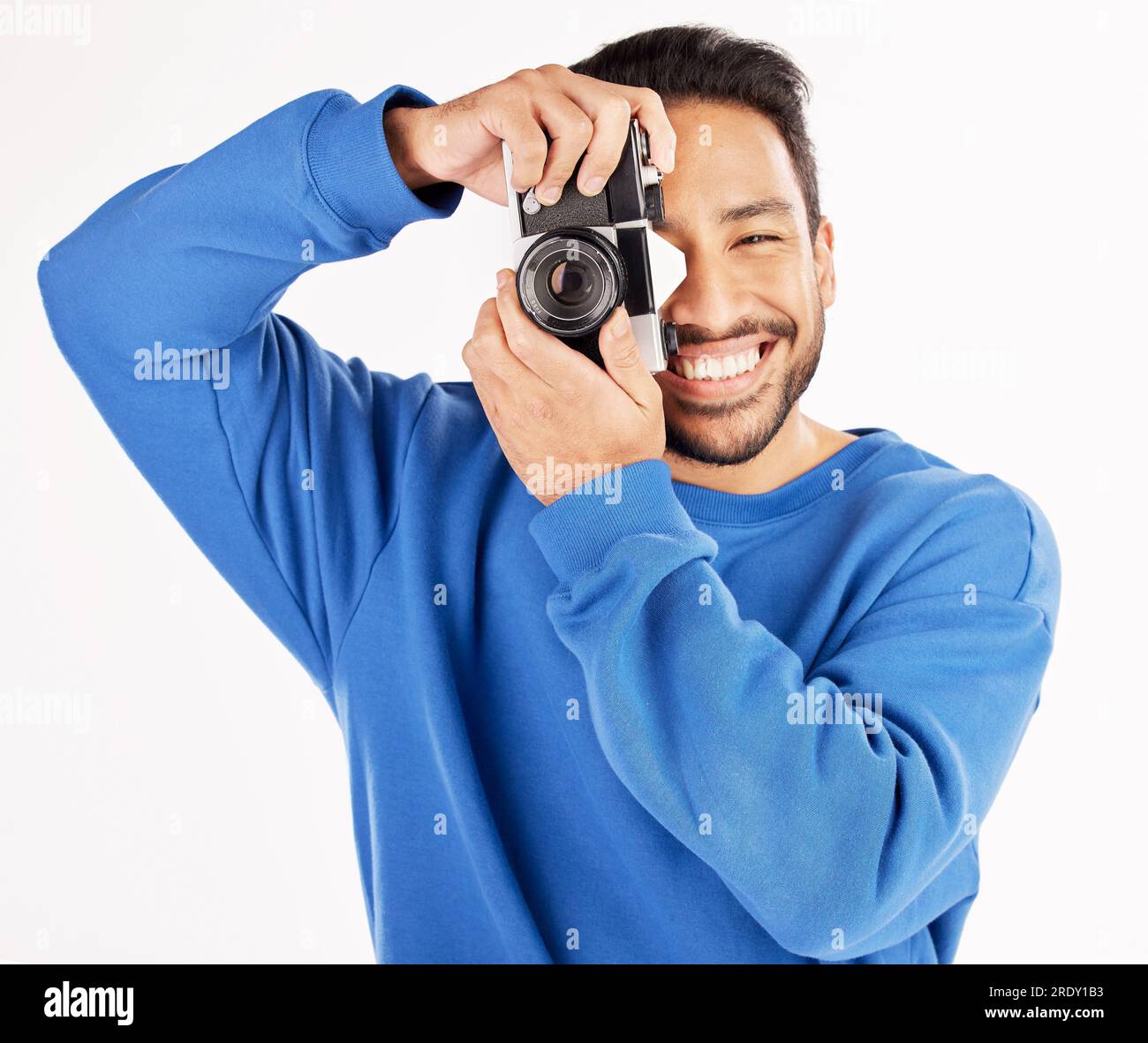 Camera, photographer and portrait of asian man in studio for photoshoot ...