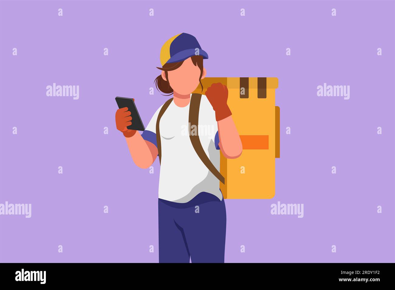 Cartoon flat style drawing deliverywoman holding smartphone for finding ...
