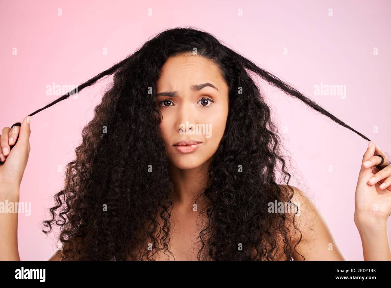 Hair damage, portrait and confused woman with beauty treatment and ...