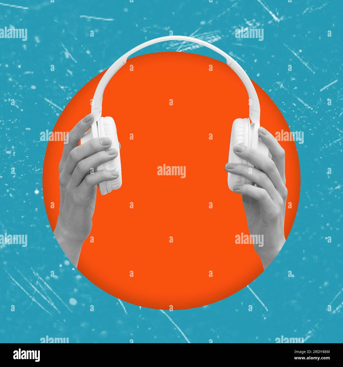Creative collage depicting hands holding headphones. The concept of ...
