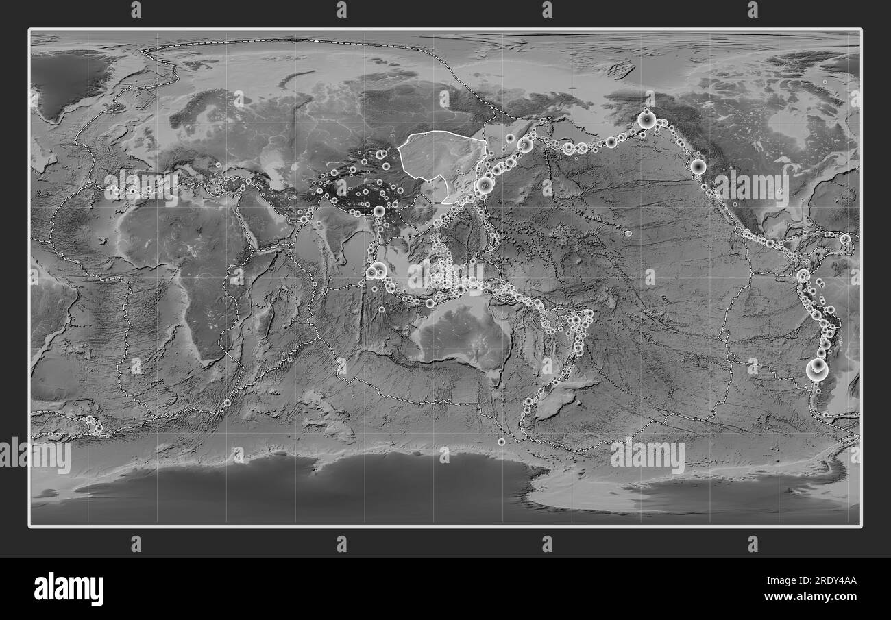 Amur Tectonic Plate On The Grayscale Elevation Map In The Compact Miller Projection Centered