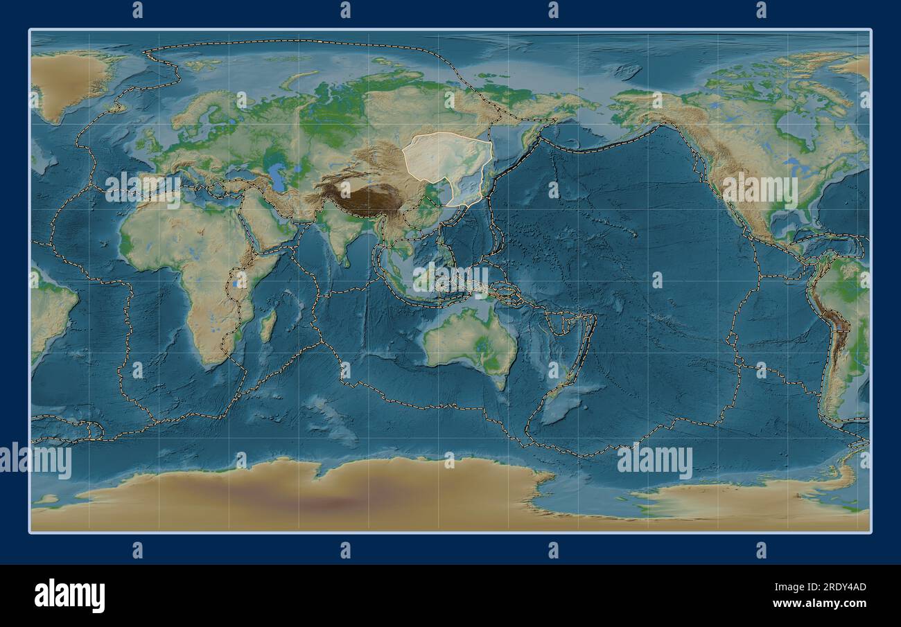 Amur tectonic plate on the physical elevation map in the Compact Miller ...