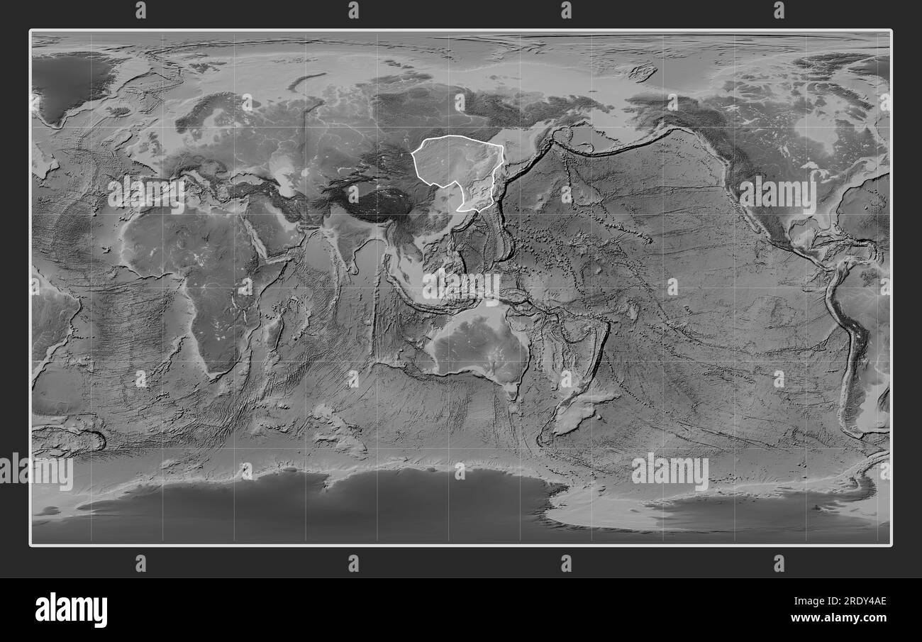 Amur Tectonic Plate On The Grayscale Elevation Map In The Compact Miller Projection Centered