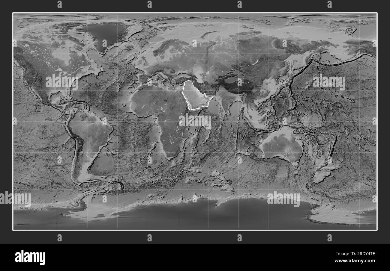 Arabian Tectonic Plate On The Grayscale Elevation Map In The Compact Miller Projection Centered