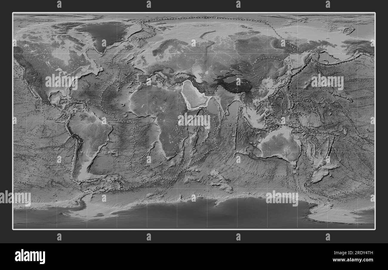 Arabian Tectonic Plate On The Grayscale Elevation Map In The Compact Miller Projection Centered