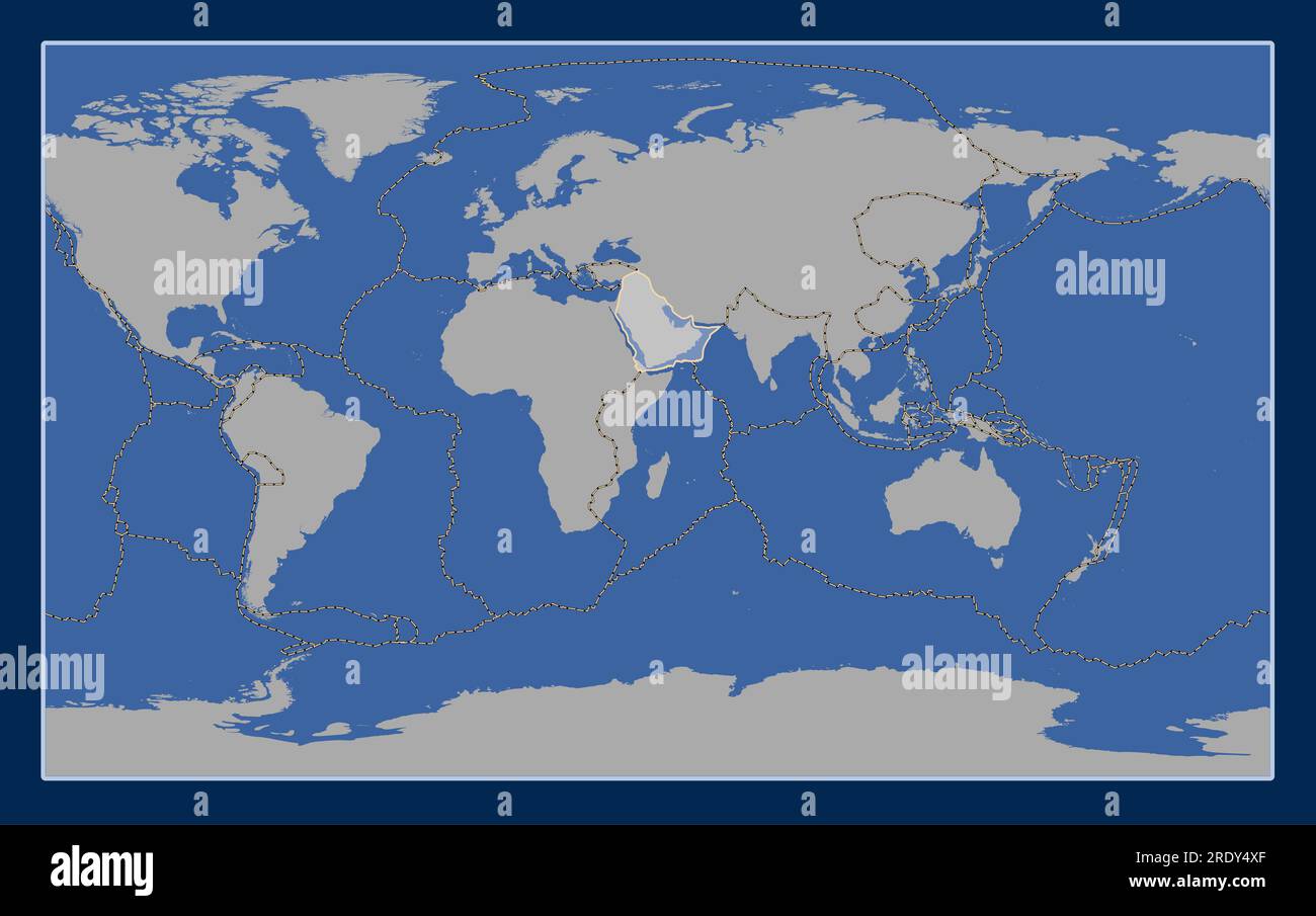 Arabian Tectonic Plate On The Solid Contour Map In The Compact Miller Projection Centered