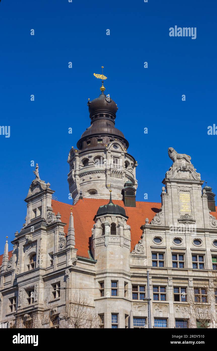Tower and decorated facade of the new town hall in Leipzig, Germany ...