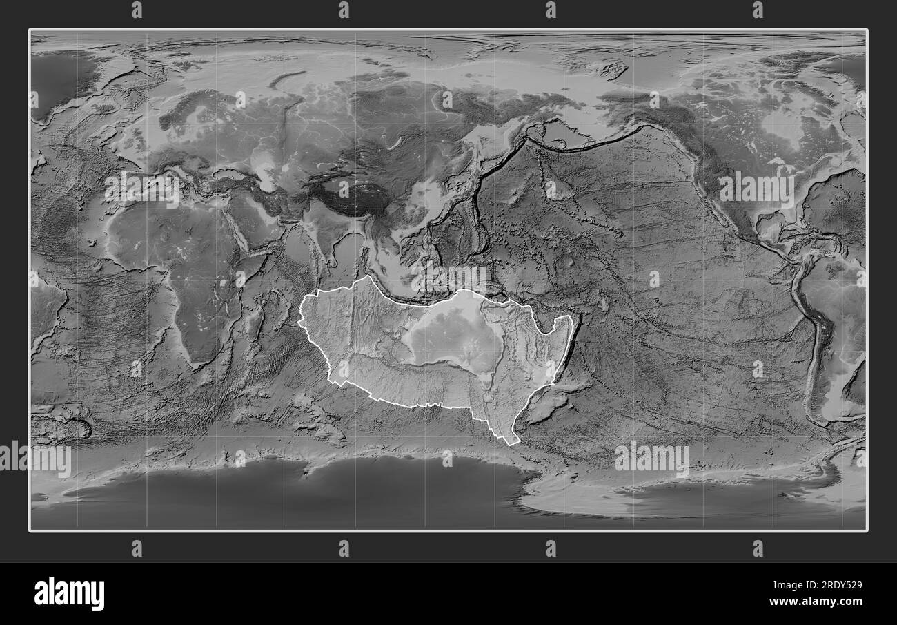 Australian Tectonic Plate On The Grayscale Elevation Map In The Compact Miller Projection