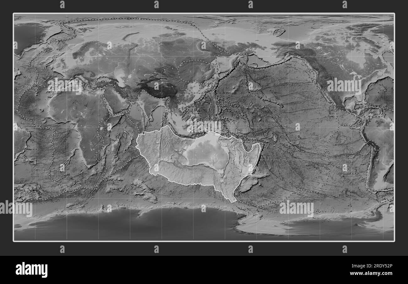 Australian Tectonic Plate On The Grayscale Elevation Map In The Compact Miller Projection