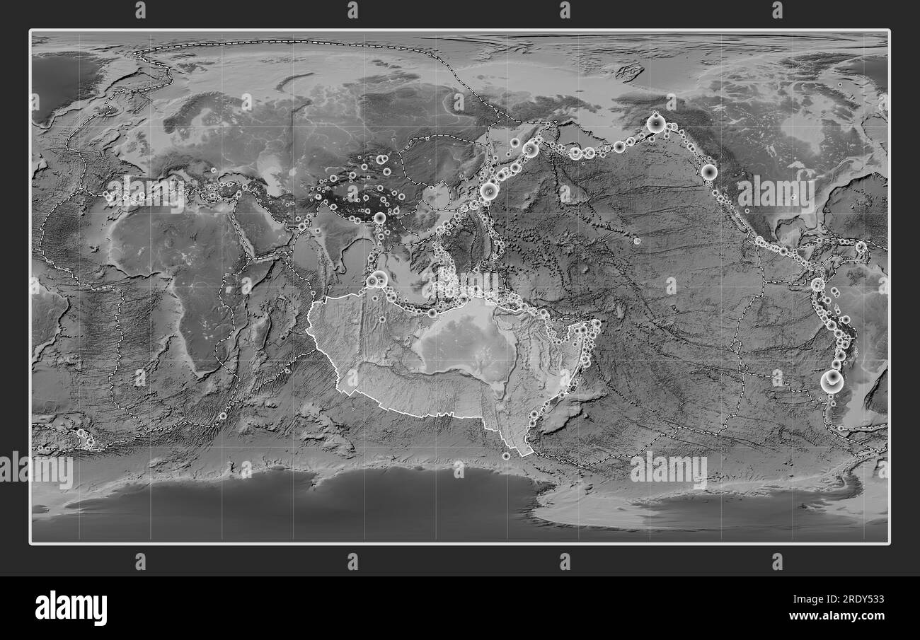 Australian Tectonic Plate On The Grayscale Elevation Map In The Compact Miller Projection