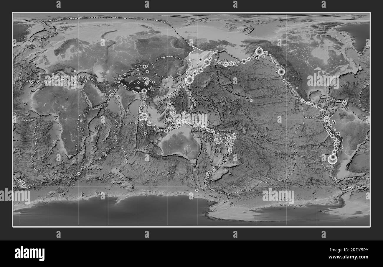 Okhotsk Tectonic Plate On The Grayscale Elevation Map In The Compact Miller Projection Centered