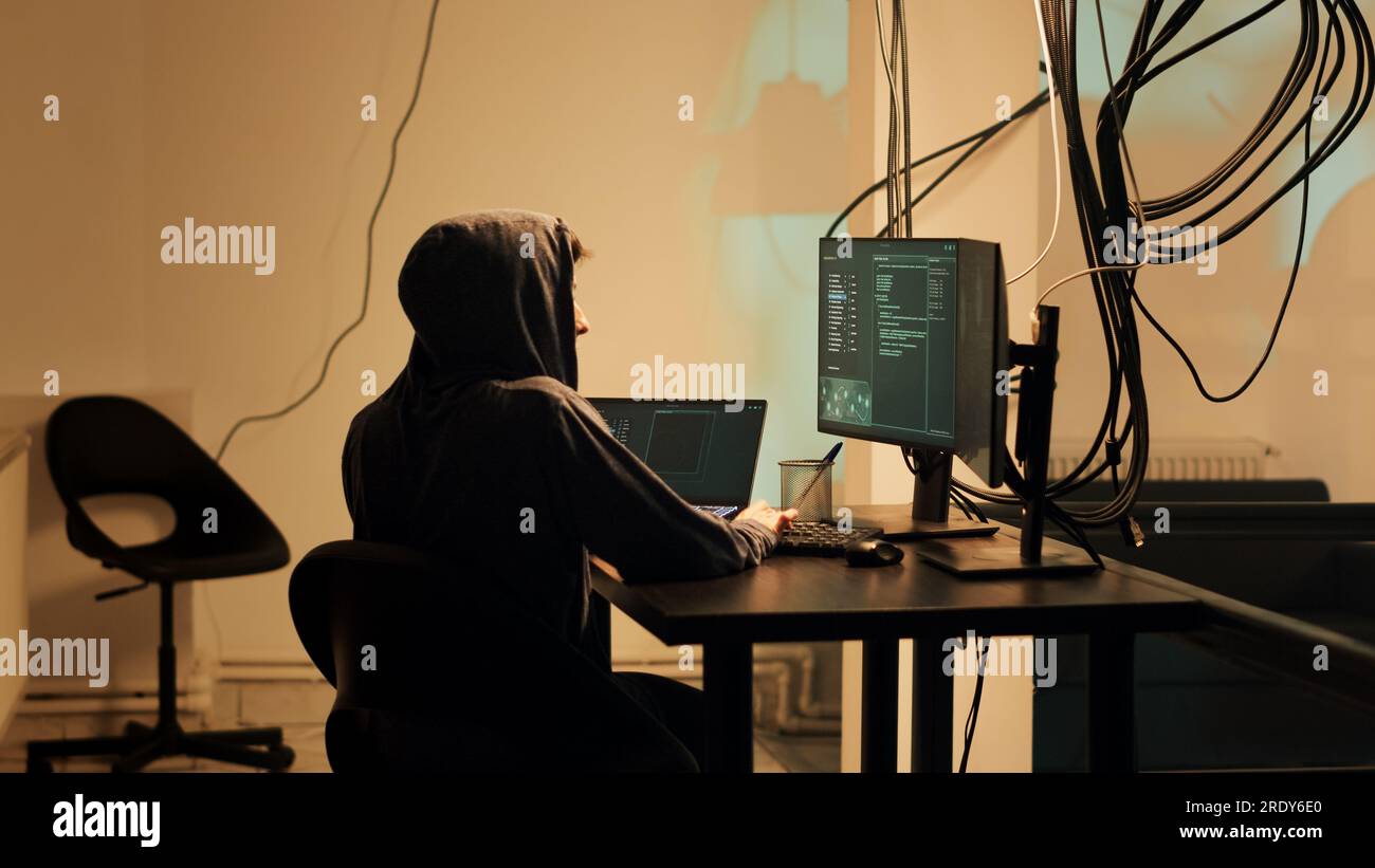 Professional hacker using online pc system to access sensitive information. Thief doing phishing ...