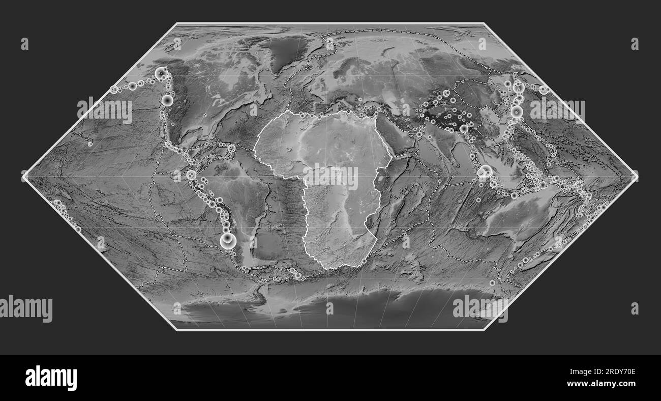 African tectonic plate on the grayscale elevation map in the Eckert I ...