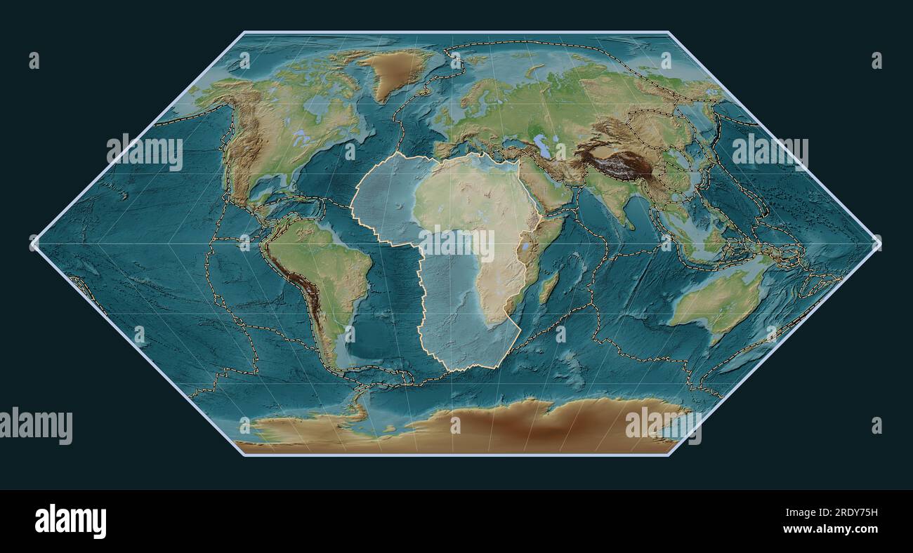 African tectonic plate on the Wiki style elevation map in the Eckert I ...