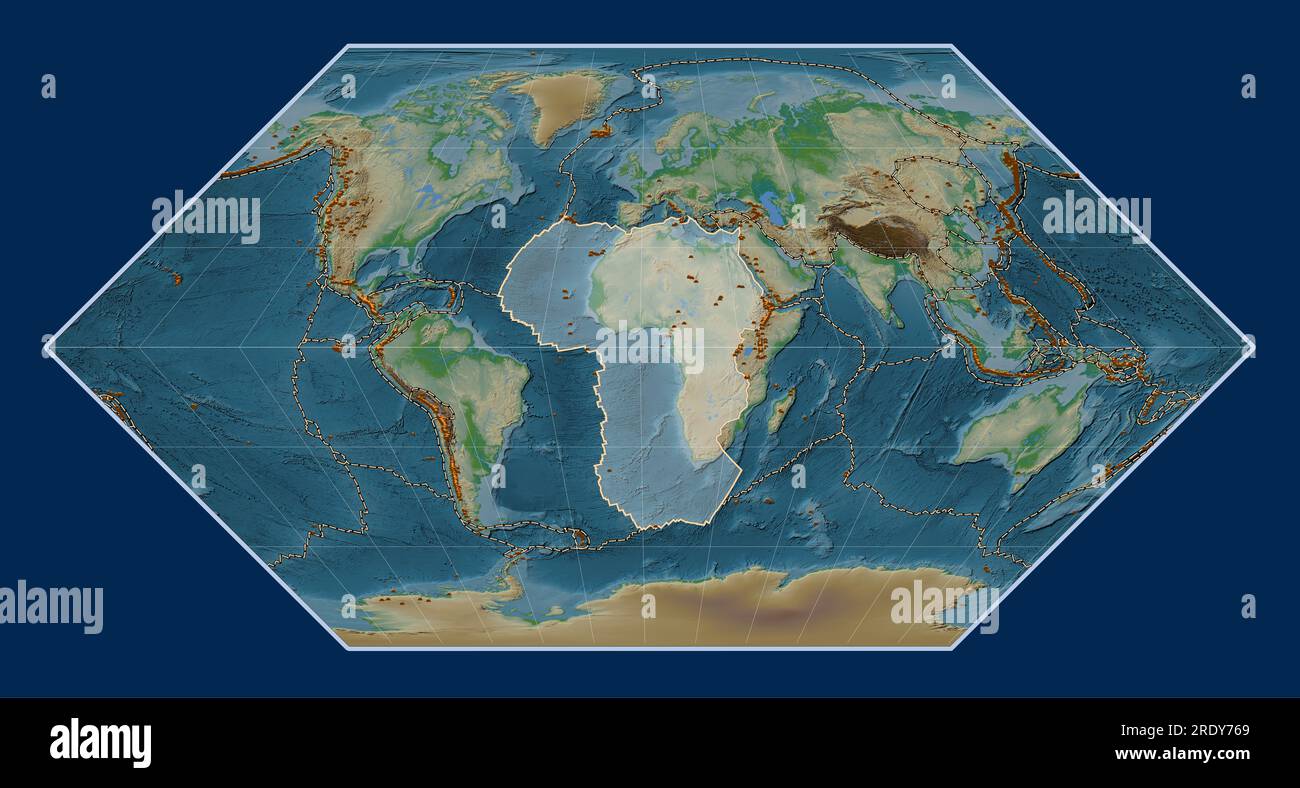 African tectonic plate on the physical elevation map in the Eckert I ...
