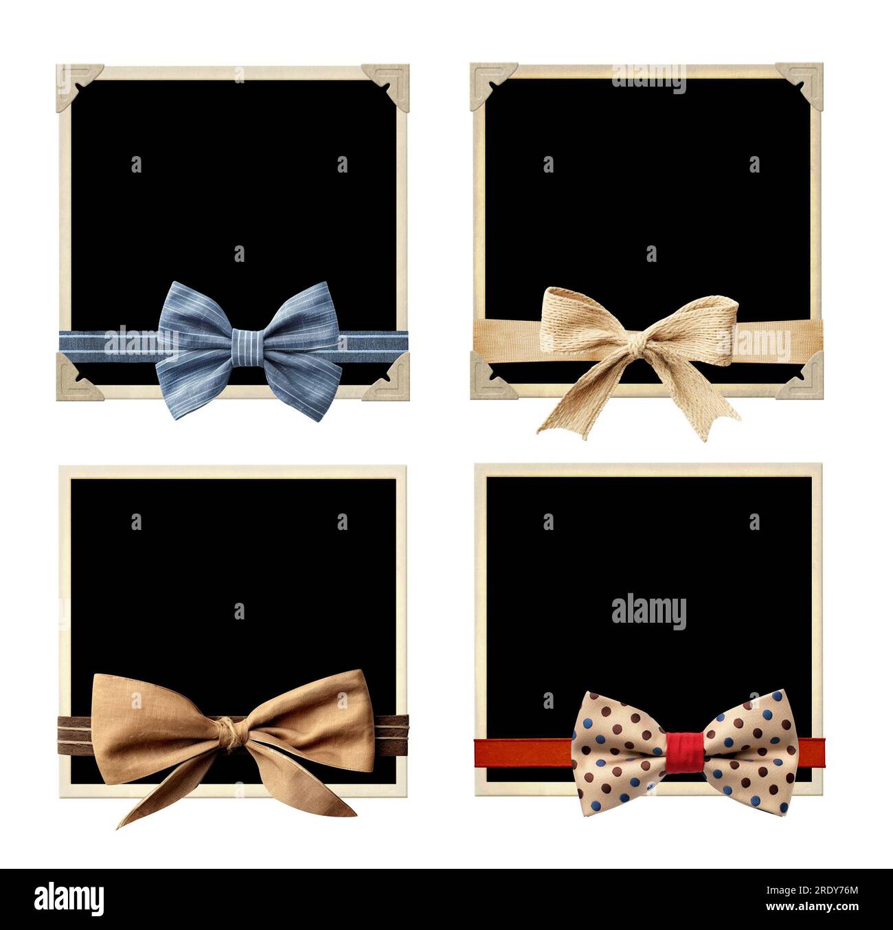 Set of old photo with tape and bow. Nostalgic scrapbooking collection ...