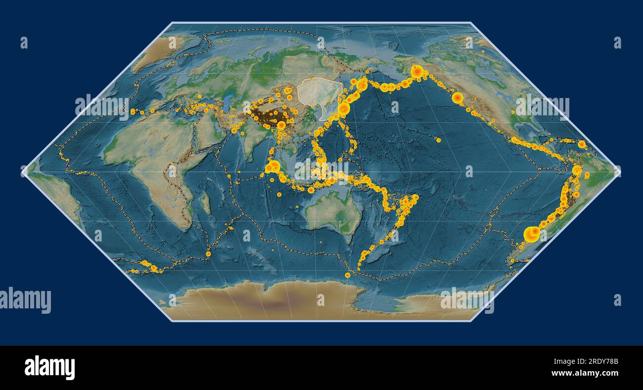 Amur tectonic plate on the physical elevation map in the Eckert I ...