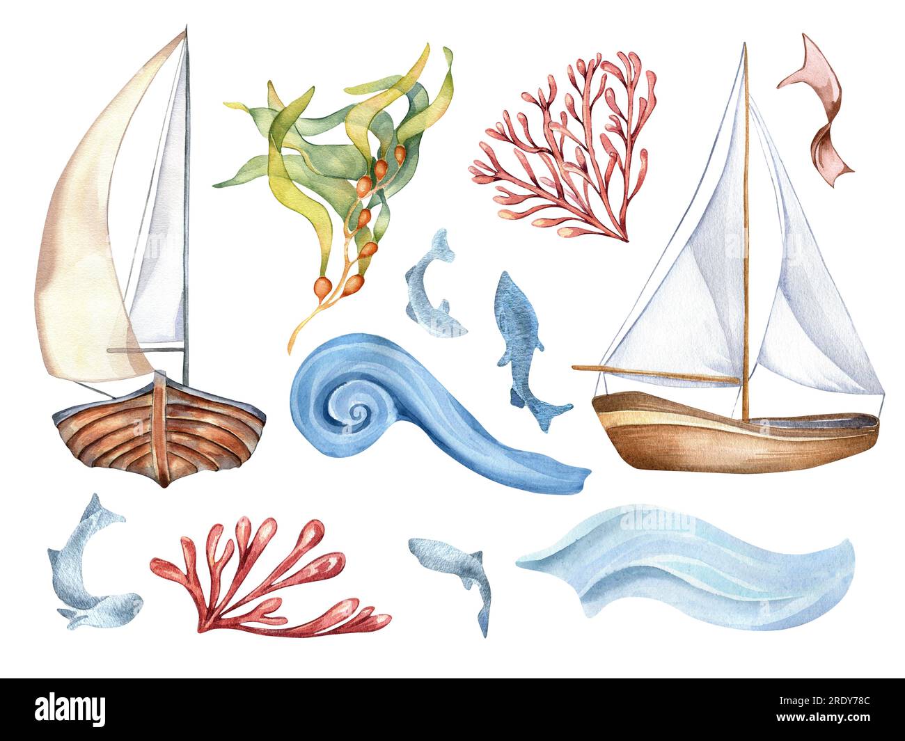 Set of sailing ships vintage style watercolor illustration isolated on ...