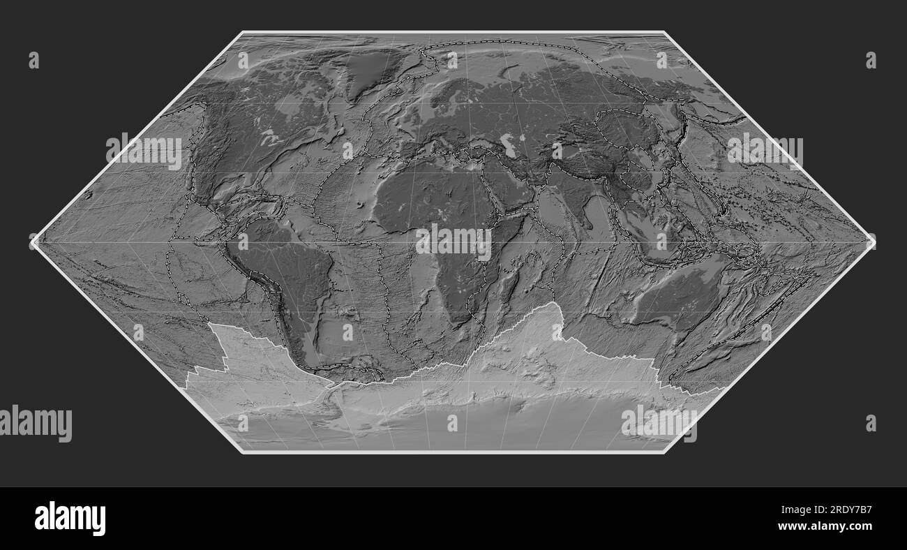 Antarctica tectonic plate on the bilevel elevation map in the Eckert I ...
