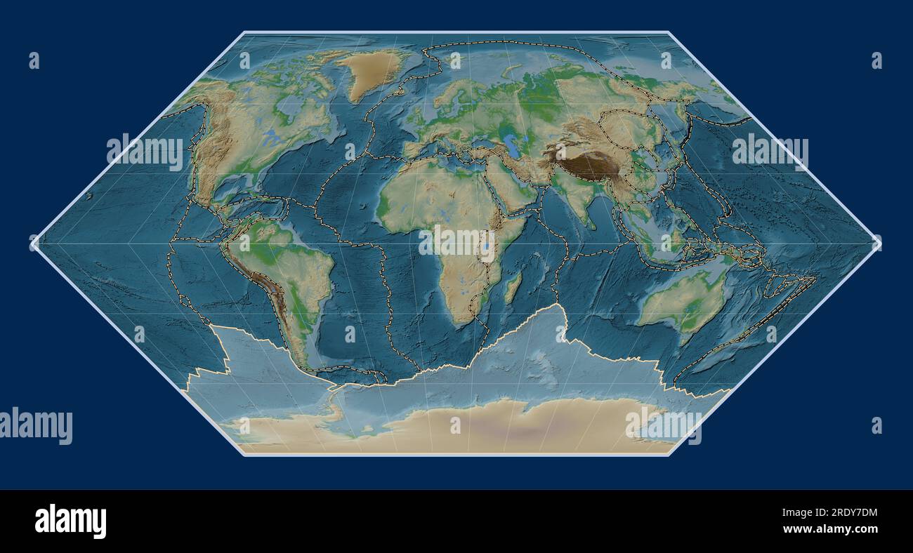 Antarctica tectonic plate on the physical elevation map in the Eckert I ...