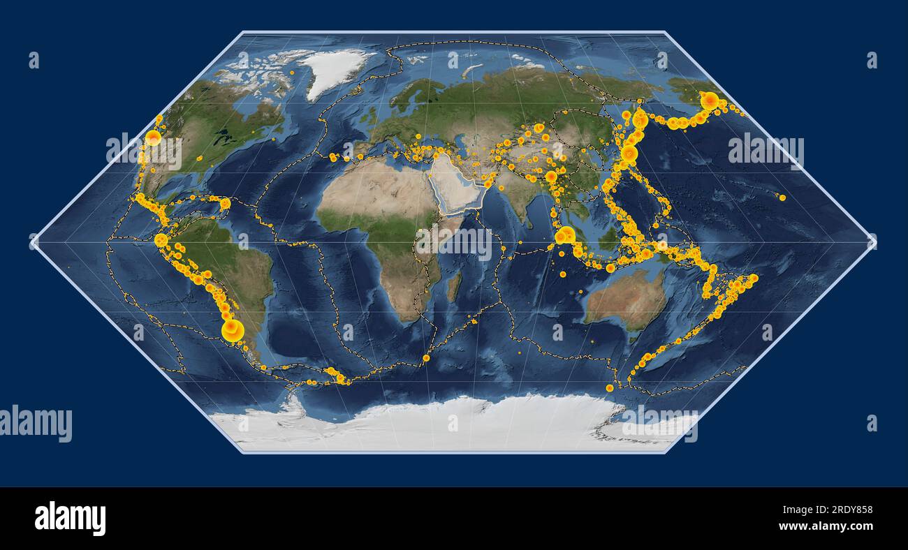 Arabian tectonic plate on the Blue Marble satellite map in the Eckert I ...