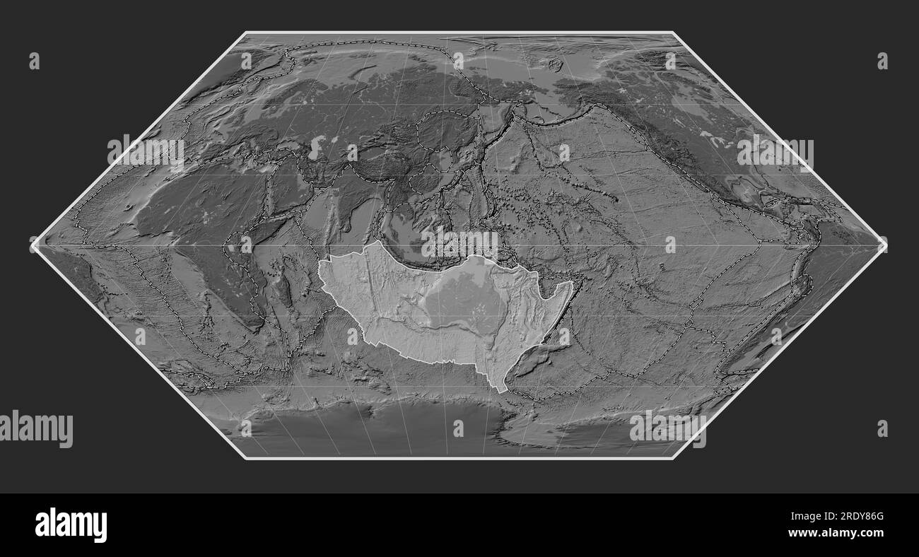 Australian tectonic plate on the bilevel elevation map in the Eckert I ...