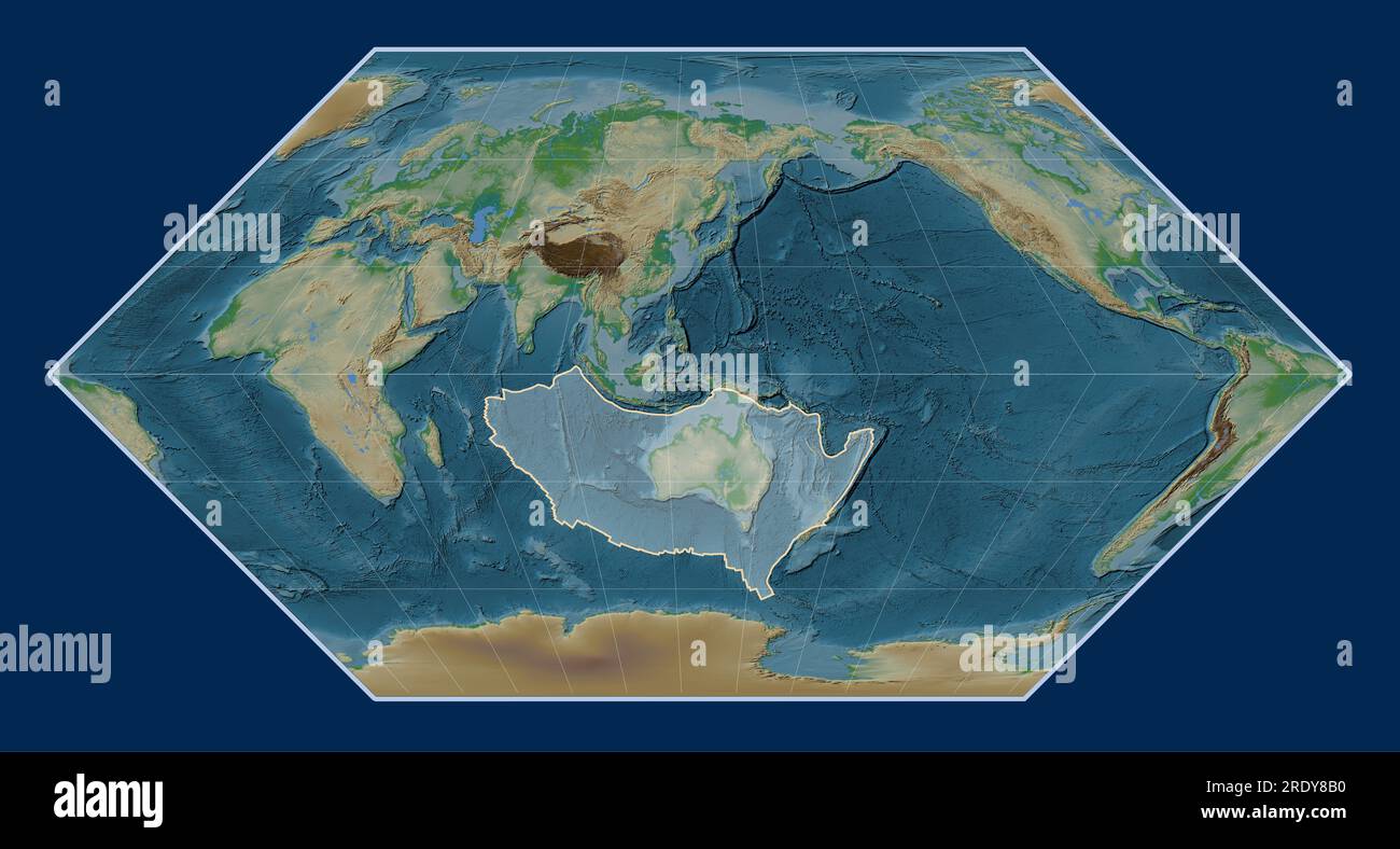 Australian tectonic plate on the physical elevation map in the Eckert I ...