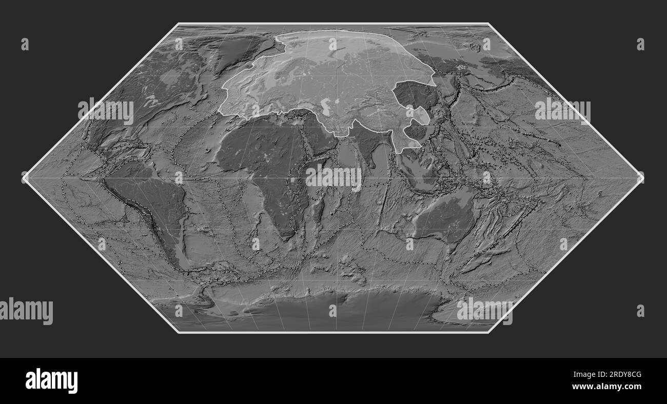 Eurasian tectonic plate on the bilevel elevation map in the Eckert I ...