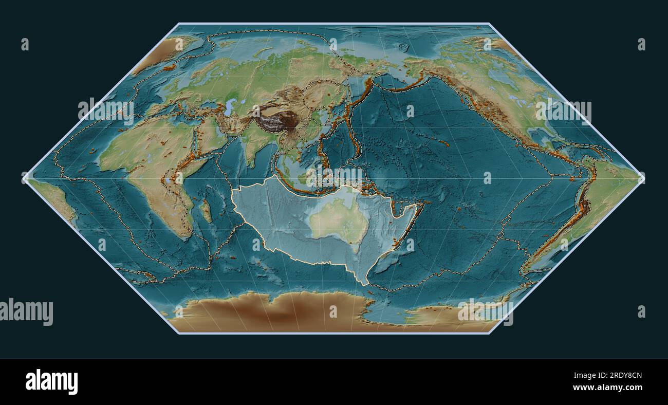 Australian tectonic plate on the Wiki style elevation map in the Eckert ...
