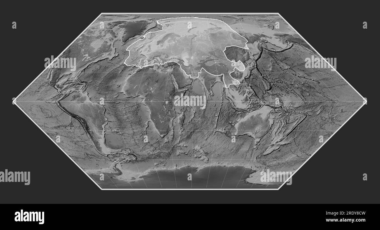 Eurasian tectonic plate on the grayscale elevation map in the Eckert I ...