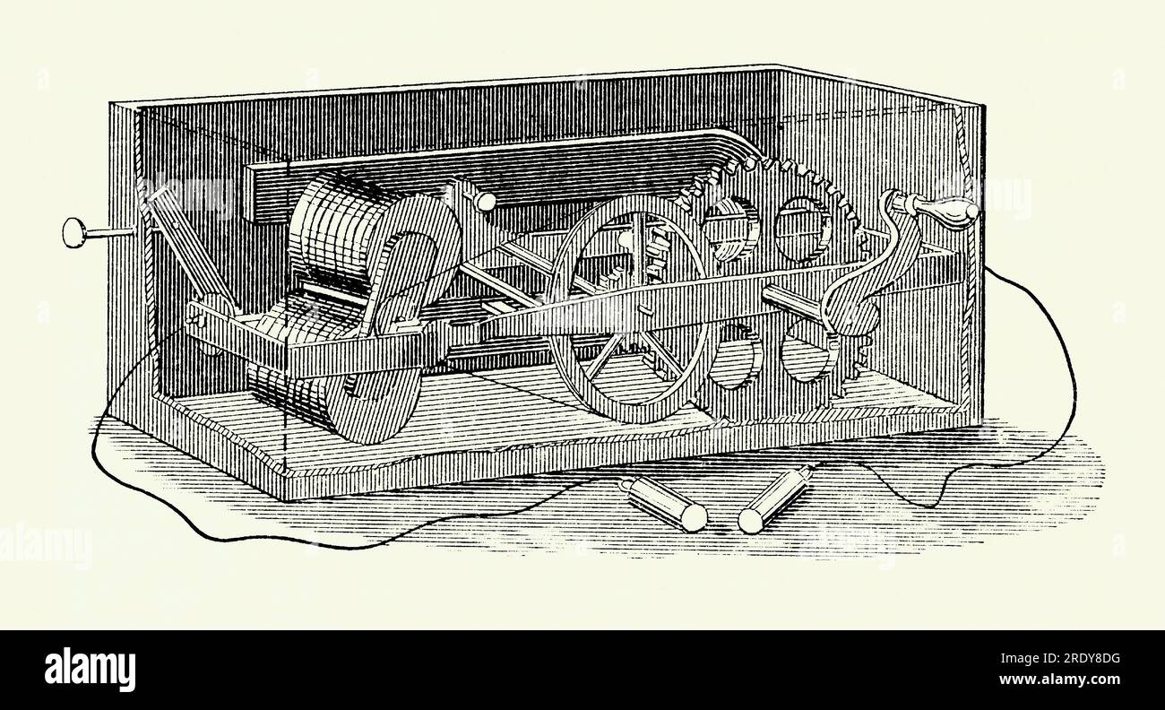 An old engraving of an electrical magneto used for medical purposes ...
