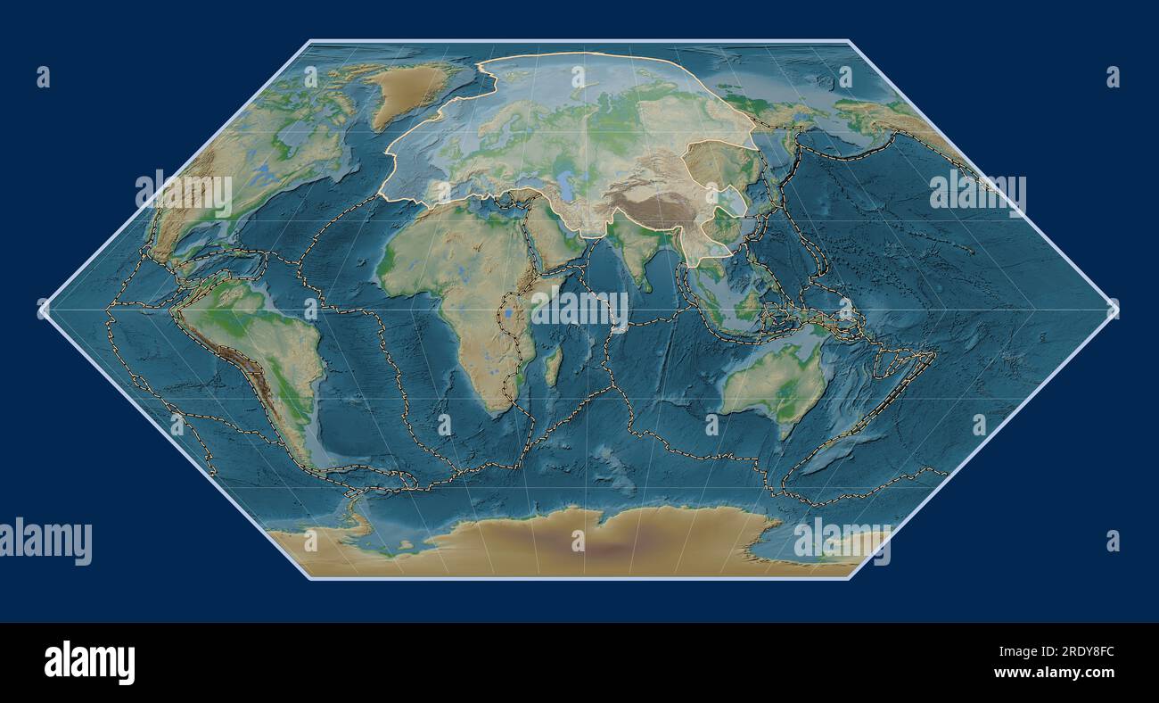 Eurasian tectonic plate on the physical elevation map in the Eckert I ...