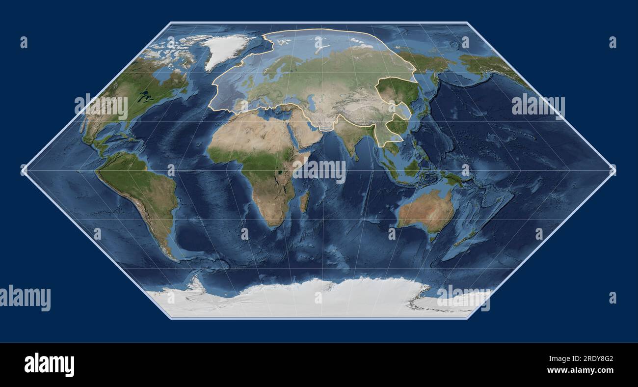 Eurasian tectonic plate on the Blue Marble satellite map in the Eckert ...