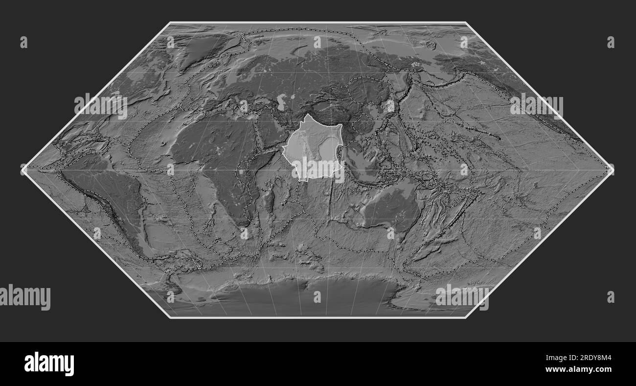 Indian tectonic plate on the bilevel elevation map in the Eckert I ...
