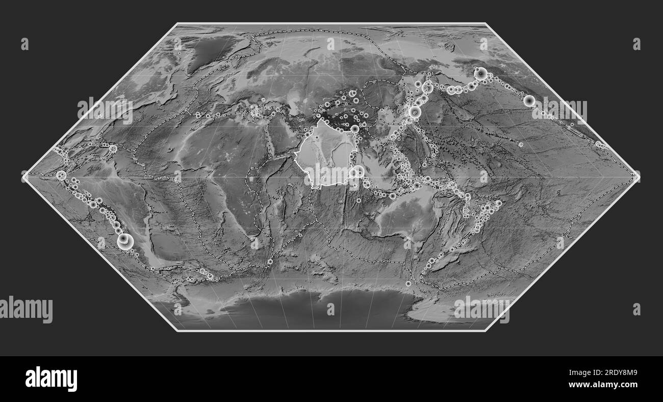 Indian tectonic plate on the grayscale elevation map in the Eckert I ...
